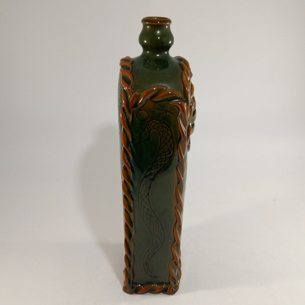 Hungarian Folk Art Terracotta Spirit Bottle Green Glaze Flask 10" Vint ...